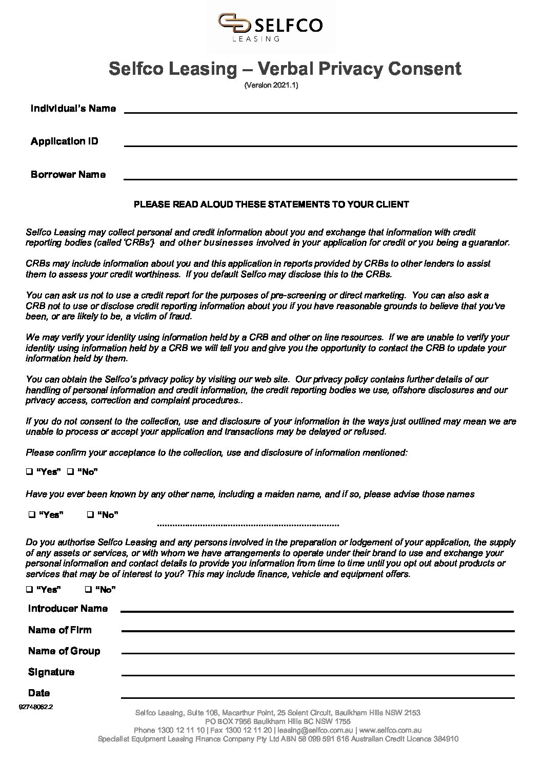 Verbal Privacy Consent Acknowledgment Form Version May 2021 Final – Selfco